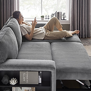 RedLemon 80”Sleeper Sofa Bed,L-Shaped Convertible Sectional Striped Couch Bed with Storage Chaise,2 Built-in Bookshelves and USB Charging Port - Light Grey
