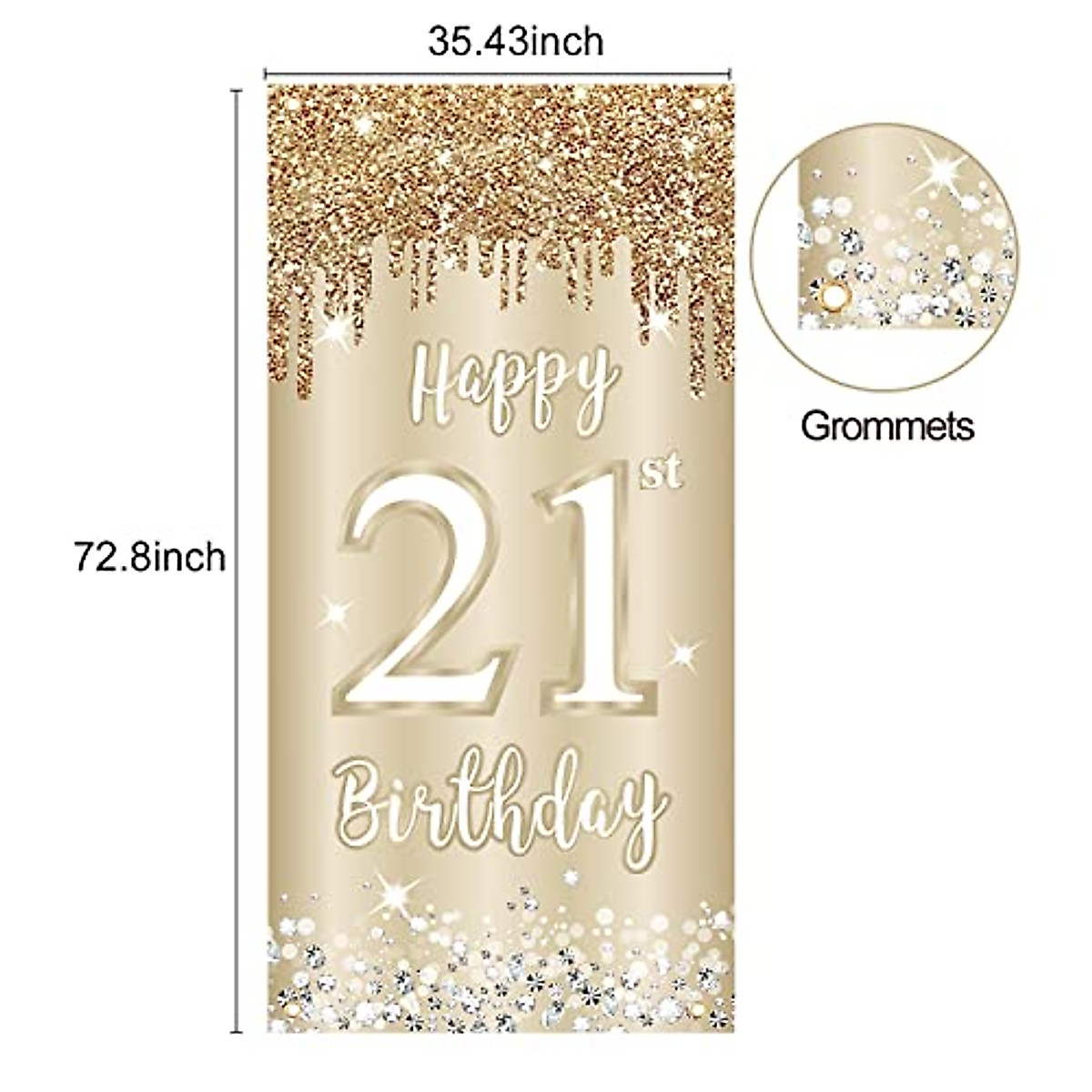 Happy 21st Birthday Door Banner Decorations for Her, Gold White 21 Birthday Door Cover Sign Party Supplies, 21 Year Old Birthday Photo Booth Background Decor for Women