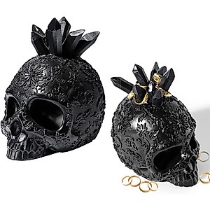 Skull﻿ Crystals Ring Holder, 3.75" H For & Year Round - Skull Decor, Goth Ring Organizer, ﻿Storage Display, Skeleton Jewelry Holder Trinket Rings Tray - Gothic & Emo Decor - Spooky Oddity