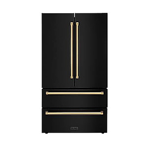 Z Line Kitchen and Bath ZLINE 36" Autograph Edition 22.5 cu. ft Freestanding French Door Refrigerator with Ice Maker in Fingerprint Resistant Black Stainless Steel with Gold Accents (RFMZ-36-BS-G)
