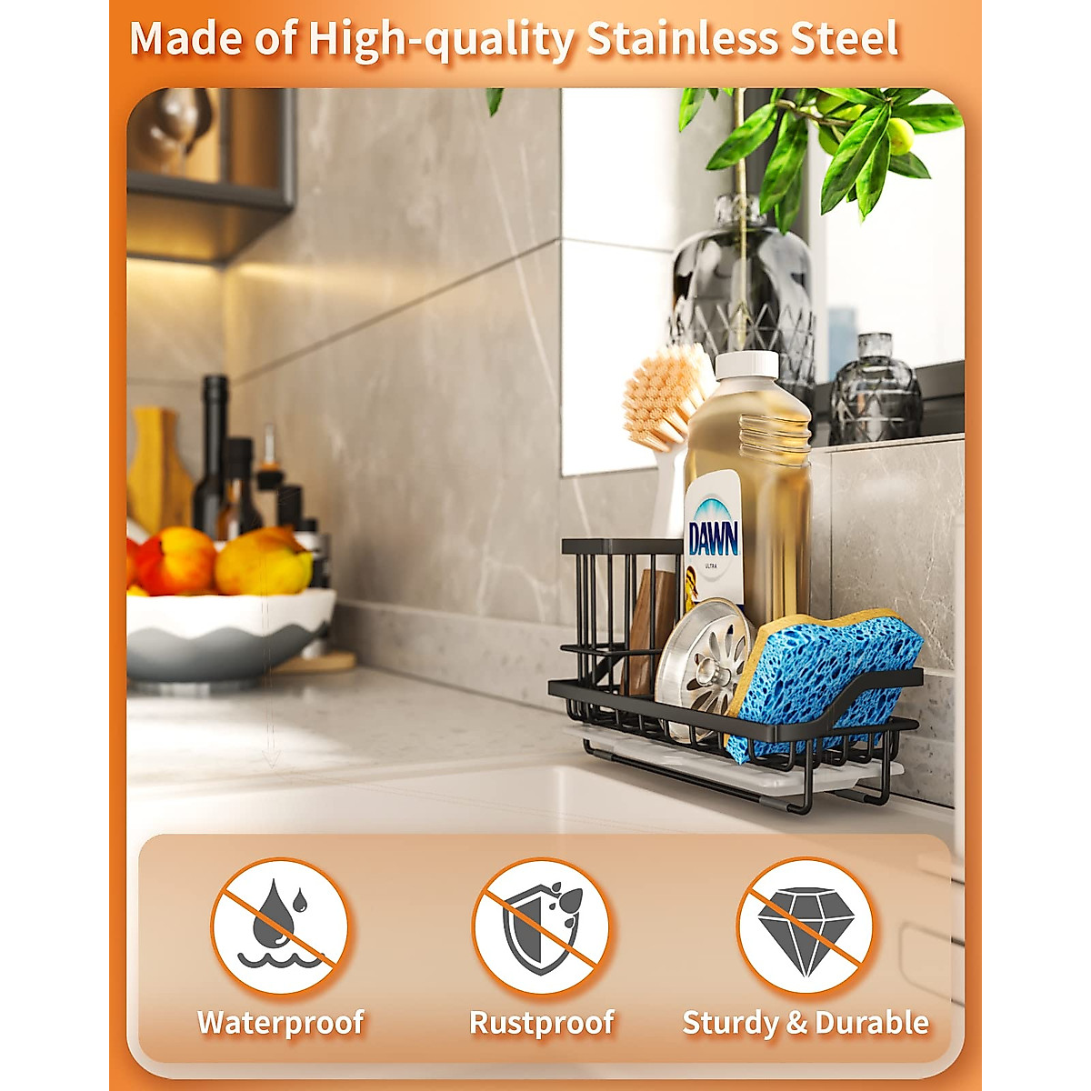 SWTYMIKI Sink Caddy Sponge Holder - Kitchen Sink Organizer with High Brush Holder for Countertop by the Sink Holding Dish Soaps and Sponges, Stainless Steel, Black