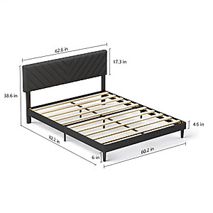 Queen Size Bed Frame Upholstered Platform with High-Adjustable Headboard and Solid Wood Slats Support, Heavy Duty Mattress Foundation, Non-Slip and Noise-Free,No Box Spring Needed, Easy Assembly, Grey
