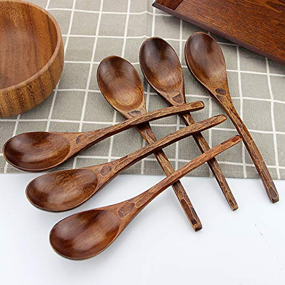 Soup Spoons,AOOSY Wooden Soup Spoons, 6 Pieces 7.84 inches Japanese Ramen Spoons Round Nanmu Wood Long Handle Rice Dessert Cooking Tasting Dinner Table Spoon for Kitchen Restaurant
