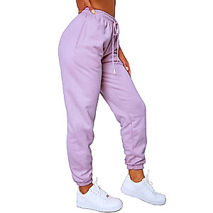 Waitfairy Women's High Waisted Sweatpants Cinch Bottom Jogger Pants with Pockets for Teen Girls Light Purple L