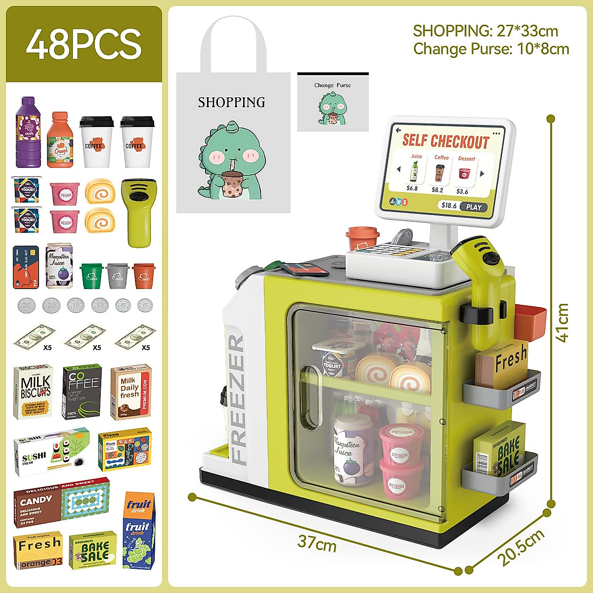 Cash Register Playset for Kids - 48PCS Pretend Play Money, Calculator, Scanner, Credit Card and Play Food for Boys and Girls Ages 3+ (668-124)