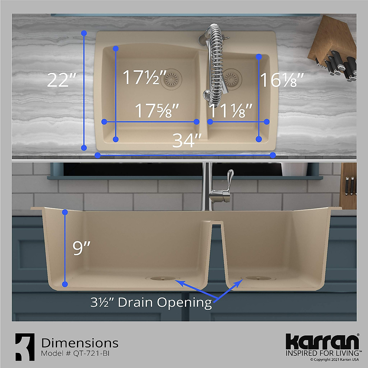 Karran QT-721 Drop-In Quartz Composite 34 in. 1-Hole 60/40 Double Bowl Kitchen Sink in Bisque