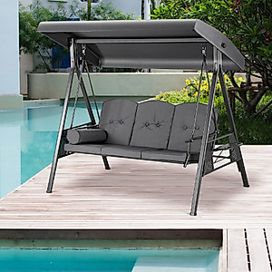 Pamapic 3-Seat Outdoor Patio Swing Chair with Weather Resistant Steel Frame, Adjustable Canopy Removable Cushion and Pillow for Backyard, Garden, Porch, Poolside, Balcony(Gray)