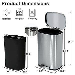50 Liter / 13 Gallon Kitchen Trash Can with Lid, Stainless Steel Trash Can with Foot Pedal and Inner Bucket, Fingerprint-Resistant Soft Close Lid Garbage Can, Odor Proof and Hygienic, Stainless Steel