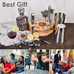 Esmula Bartender Kit with Stylish Bamboo Stand, 12 Piece 20oz/25oz Boston Cocktail Shaker Set for Mixed Drink, Professional Stainless Steel Bar Tool Set, Gift for Man Dad- Cocktail Recipes Booklet