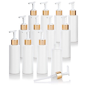 4 oz / 120 ml White Plastic HDPE Refillable Cylinder Squeeze Bottle with Gold Lotion Pump (12 Pack)