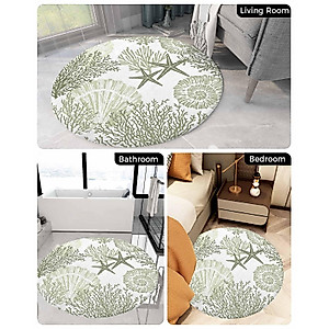 Sage Green Shell Fluffy Round Area Rug Carpets 3.3ft, Plush Shaggy Carpet Soft Circular Rugs, Non-Slip Fuzzy Accent Floor Mat for Living Room Bedroom Nursery Ocean Nautical Starfish Abstract Geometric