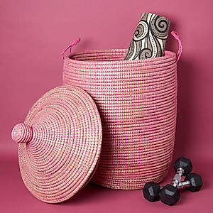 Senegalo 17" Small Woven Storage Basket (Pink Hooded)