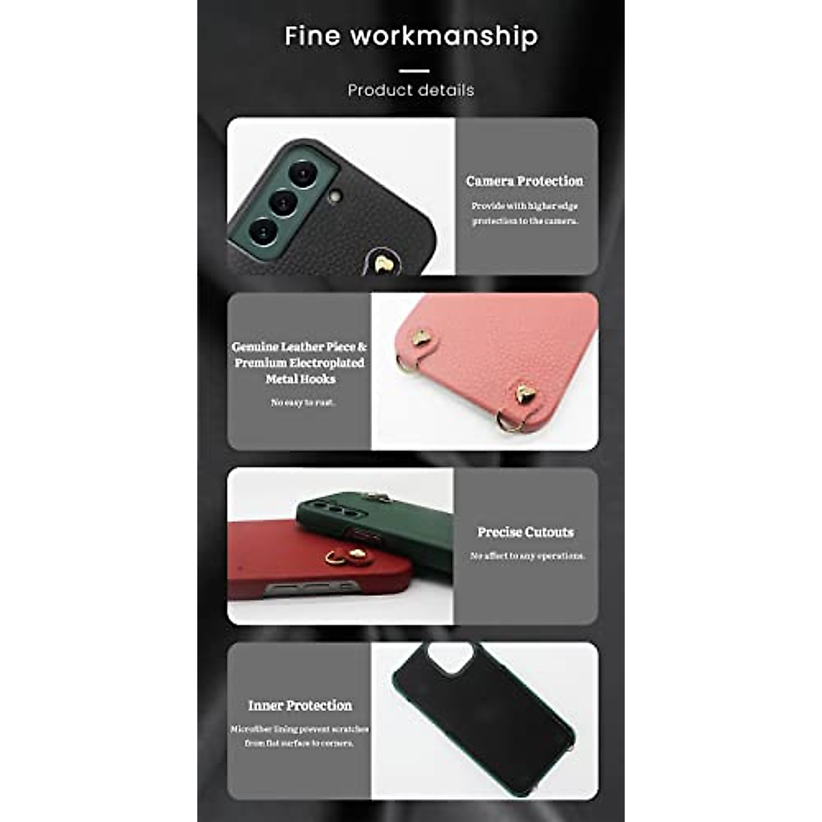 qichenlu Genuine Leather Crossbody Case Designed for Samsung Galaxy S22, Durable Cute Trendy Heart Cowhide Cover with Detachable & Adjustable Shouler Strap Neck Lanyard Chain, Black