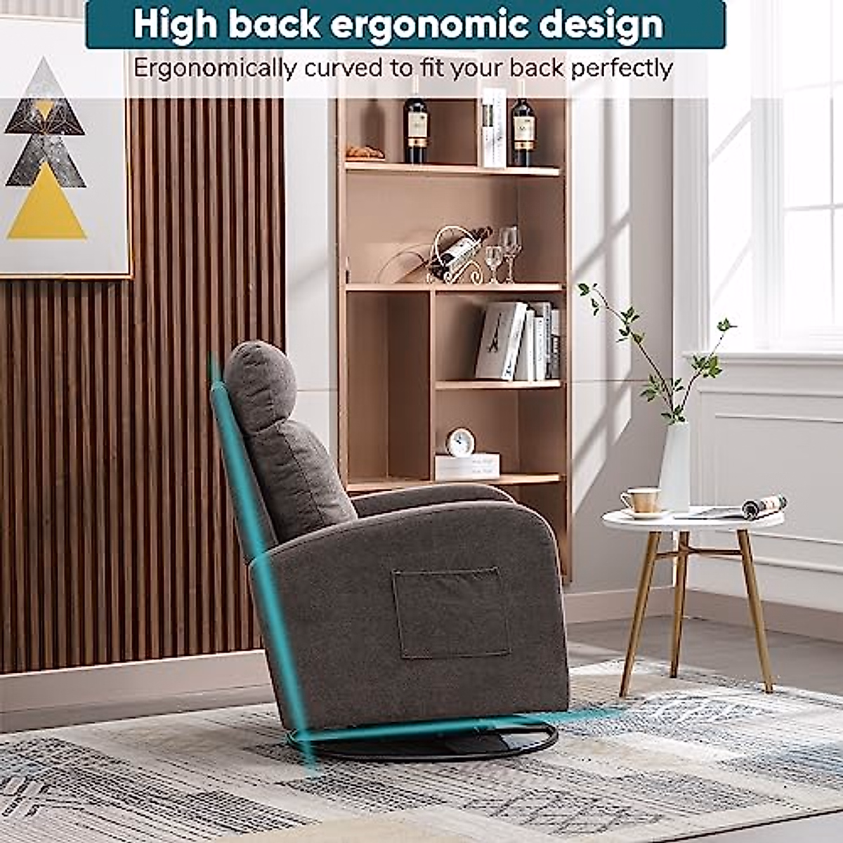 JOYBASE Swivel Rocking Chair, Swivel Glider Rocker Nursery Chair, Nursing Rocking Accent Chair with High Backrest, Modern Comfy Lounge Chair Armchair for Living Room, Nursery, Bedroom (Dark Grey)