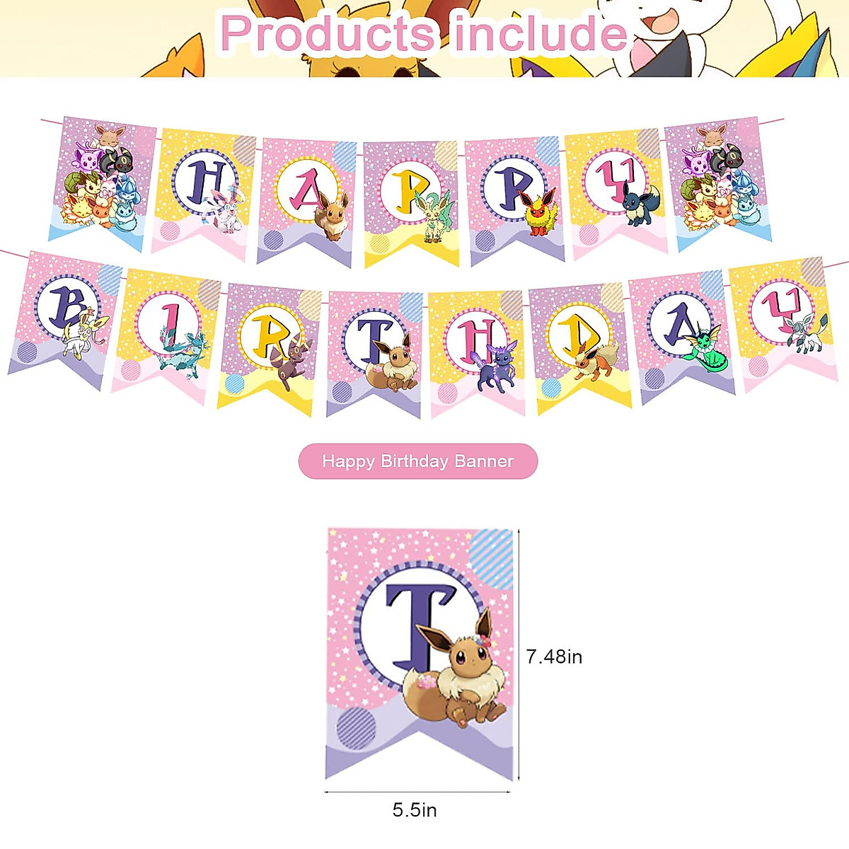 Eevee Aesthetic Evolutions Party Decorations,Birthday Party Supplies For Eevee Aesthetic Evolutions Party Supplies Includes Banner - Cake Topper - 12 Cupcake Toppers - 18 Balloons