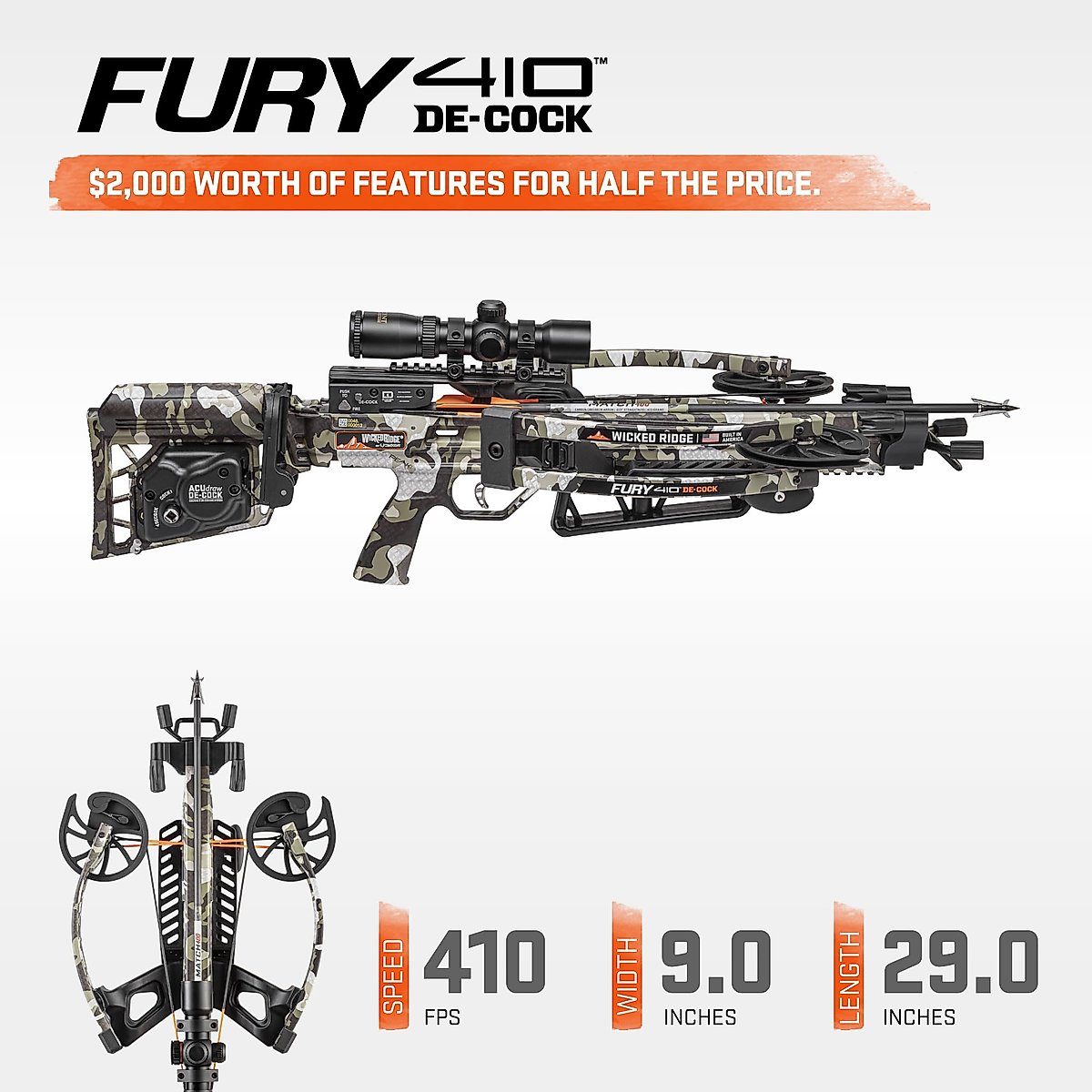 Wicked Ridge by TenPoint Fury 410 De-Cock, Peak XT - 410 FPS - Equipped with RangeMaster Pro Variable Speed Scope & ACUdraw De-Cock Cocking & De-Cocking System - Reverse-Draw Design
