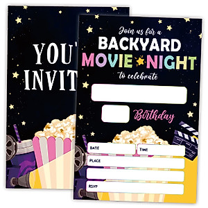 AWSICE Backyard Movie Night Birthday Invitations, Double-Sided Fill-In Invite Cards For Birthday Party, 20 Invitations With Envelopes, Decorations,Party Favor And Supply-A07