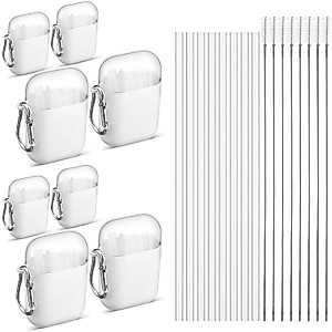 Nuenen 8 Packs Reusable Straws with Case Silicone Straws Reusable Collapsible Travel Straw Portable Folding Drinking Straw with Keychain Carry Pouch and Cleaning Brushes for Home Travel Party Drinks