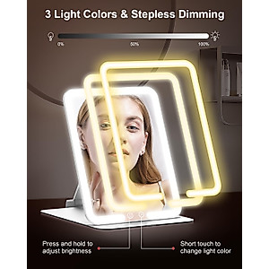 Gospire Travel Makeup Mirror with Lights and Magnification 10X, Portable Make Up Compact Tabletop with Adjustable Stand, 3 Colored Light Rechargeable Lighted LED Cosmetic Vanity- White