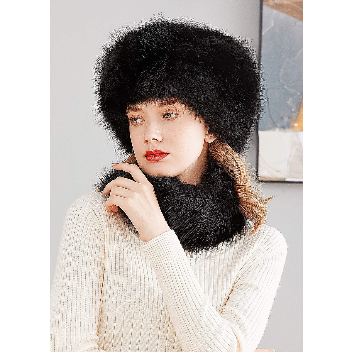 Lovful Faux Fur Women Russian Cossak Hat,Scarf Set for Ladies Winter,Black