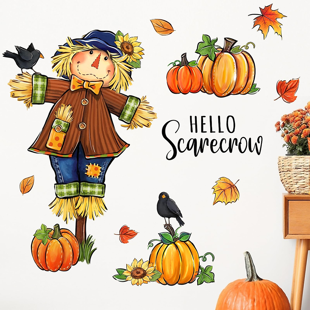 Mfault Fall Hello Scarecrow Wall Decals Stickers, Autumn Pumpkin Maple Leaves Farmhouse Decorations Bedroom Art, Thanksgiving Crow Sunflower Seasonal Home Kitchen Decor