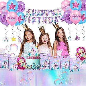 Mermaid Birthday Decorations Kit, All-in-1 Girl's Party Decor Package With Mermaid Tail Balloons, Hanging Swirls, Goodie Bags, Birthday Banner, Plates- Purple, Teal. Mermaid Party Supplies for kids.