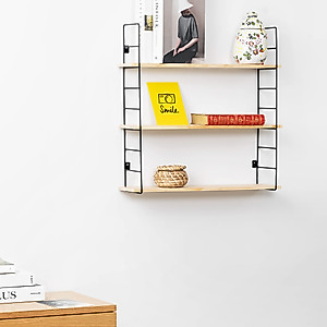 Navaris Wall Shelf Unit - Wall Mounted Hanging Pine Wood and Black Metal Shelves - 3-Shelf Shelving Unit for Bedroom Living Room Kitchen
