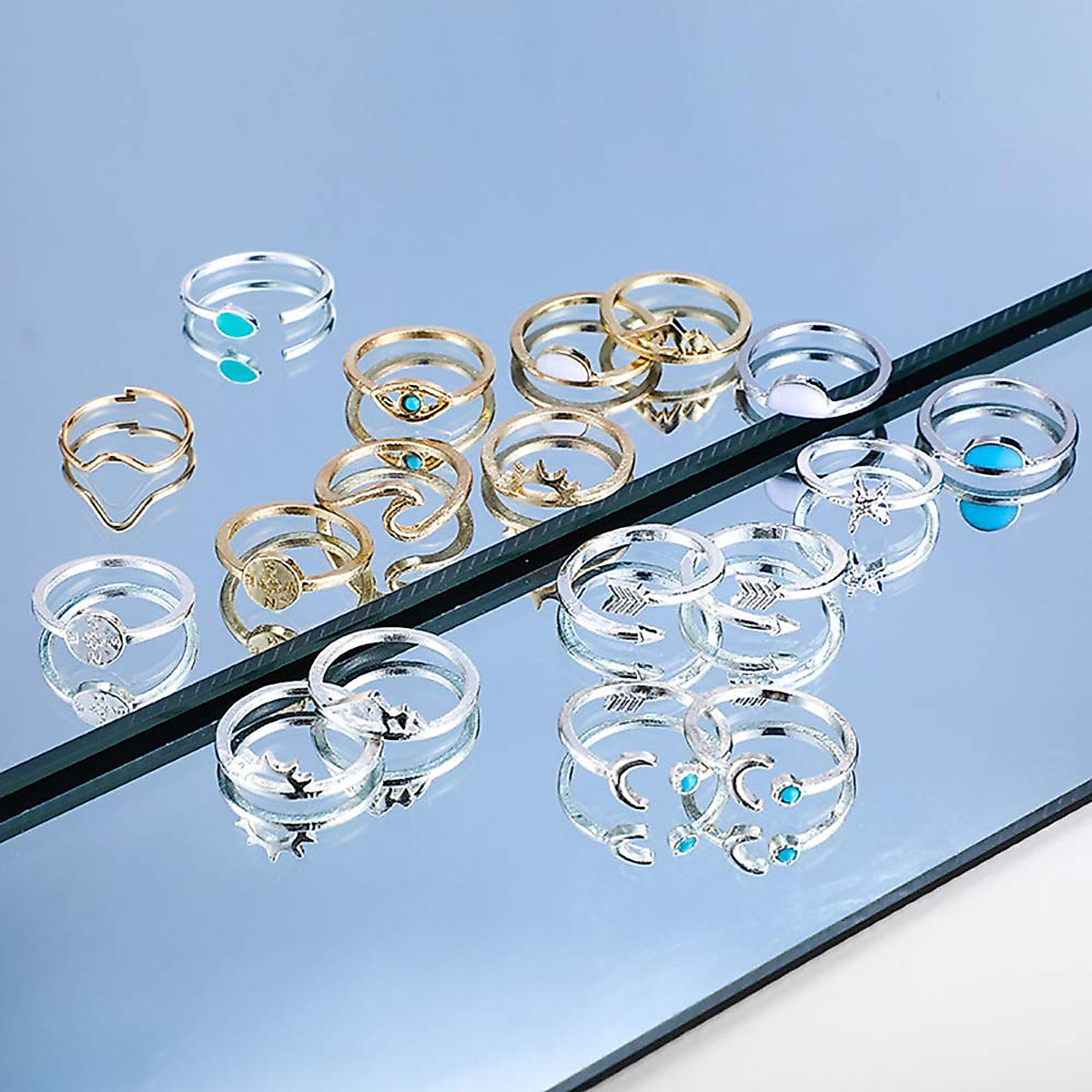 CSIYANJRY99 19Pcs Boho Retro Stackable Rings Sets for Women,Peak Sea Wave Compass Turquoise Knuckle Finger Rings