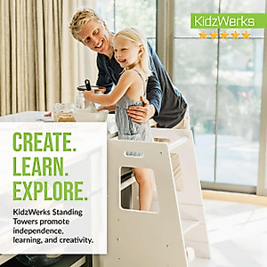 KidzWerks Child Standing Tower Kids Kitchen Step Stool Toddler Wood Stepping Stool - Children's Montessori Stool - Adjustable Platform, White