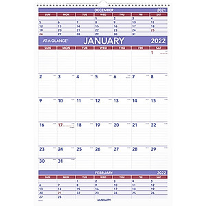 2022 Wall Calendar by AT-A-GLANCE, 15-1/2" x 22-3/4", Large, 3-Month, Wirebound (PM628)