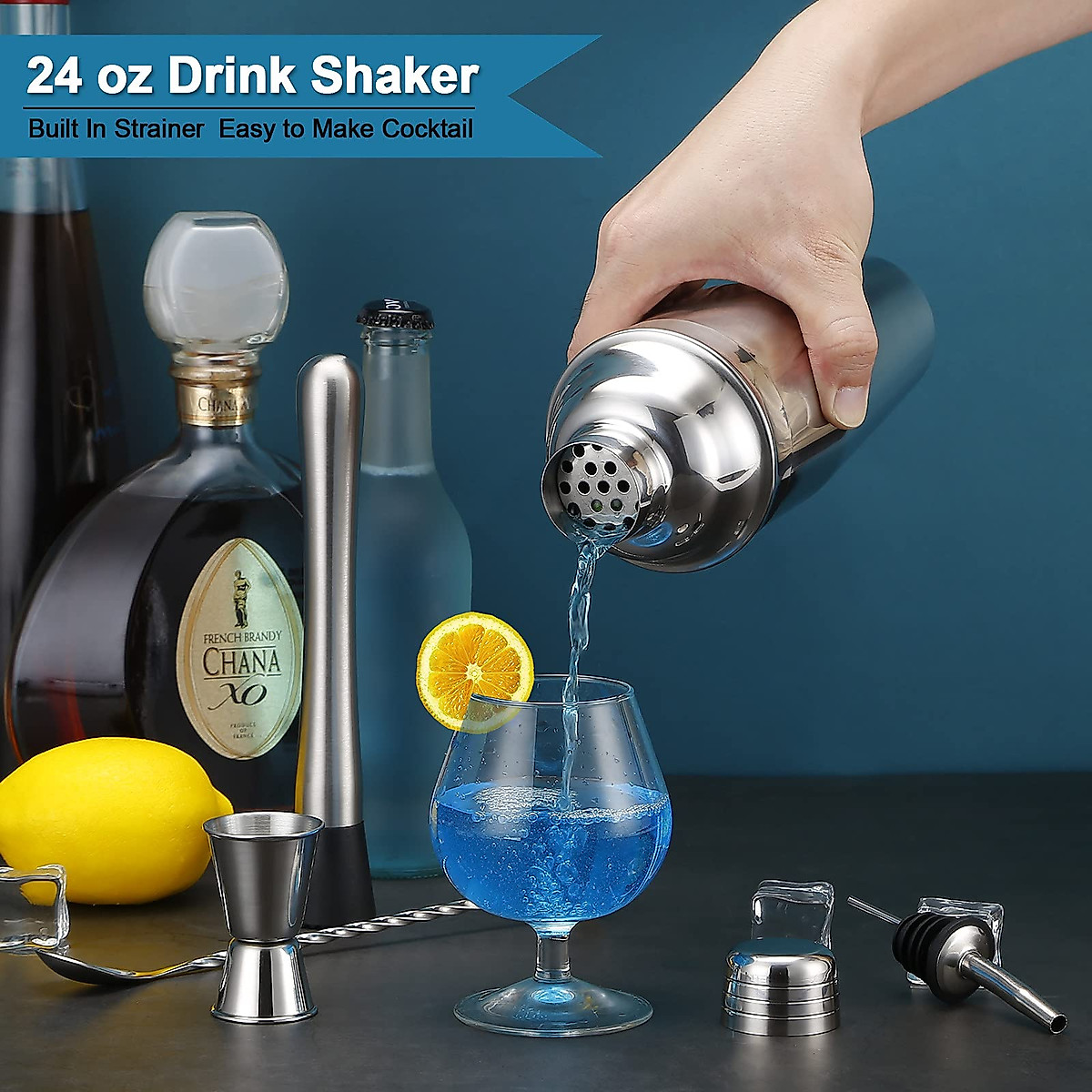 Martini Shaker 24 oz Cocktail Shaker Drink Bar Set by Hovikoki, Stainless Steel Professional Bartender Kit with Built-in Strainer Mixing Spoon&Jigger 2 Liquor Pourers Muddler and Manual Recipe