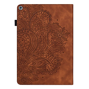 UUcovers for Kindle Fire HD 10 Case 9th/7th/5th Generation 10.1 Inch (2019/2017/2015) with Pencil Holder/Elastic Band/Stand/Magnetic Folio Embossed PU Leather Shockproof Cover, Brown Peacock Flower