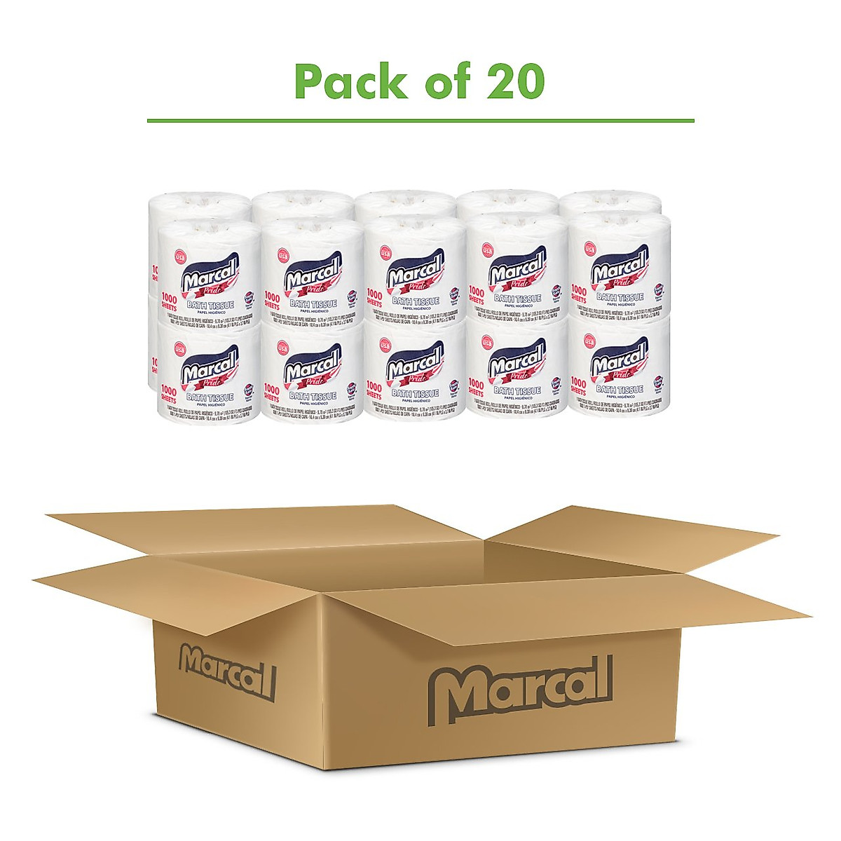 Marcal Pride Toilet Paper, White, 1000 Sheets Per Roll, 20 Rolls Per Case - Sustainable and Chlorine Free Bath Tissue 03408