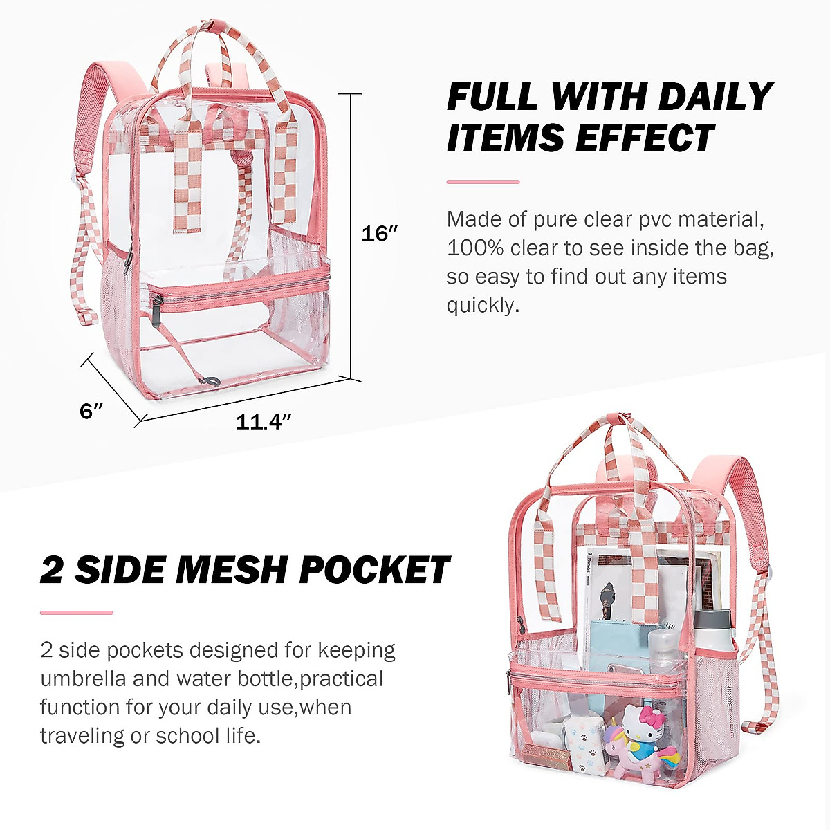 mommore Heavy Duty Clear Backpack Durable See Through Bookbags for Work (Pink Plaid, Large)
