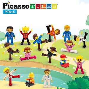 PicassoTiles 15-Piece Magnetic Character Action Figures Add-on Set for Construction Building Block Tiles