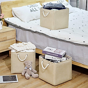 FAGlSAK Large Foldable Storage Bin 13" X 13" Storage Baske Organizer Basket Shelf Cube with Sturdy Cotton Carry Handles for Baby Nursery Closet Shelves Organization (Beige, Set of 3)