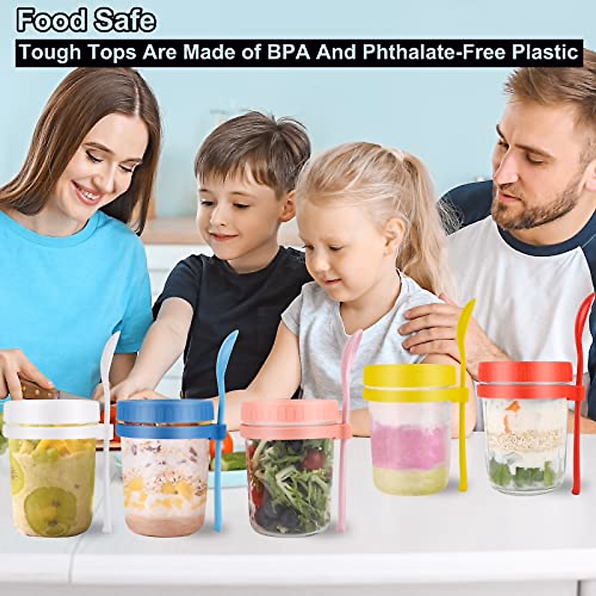 KITANIS Mason Jar Lids Wide Mouth,5 Pack Plastic Overnight Oats Jar Lids with Spoon and Holder, 3.4 inch Drinking Lids for Milk,Cereal,Fruit(Jars not Included)