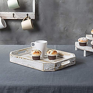 MyGift Shabby White Washed Solid Wood Large Serving Breakfast Tray with Cut-out Handles and Angled Edges, Decorative Ottoman Coffee Table Server Tray Platter, 16 x 12 inch
