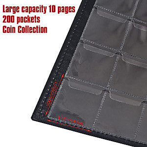 200 Pockets Coin Album Coin Collecting Holder Album Collecting Book for Coin Penny Stamp Stickers Currency Badges and Other Collection Storage Supplies (Black)