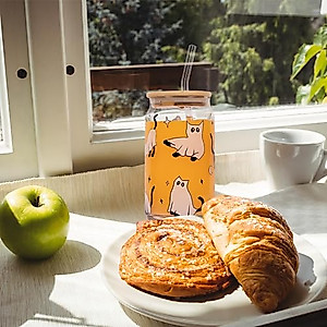 Joyseller Halloween Iced Coffee Can Glass, 16oz Halloween Cute Ghost Cat Glass Cup with Lid and Straw, Halloween Tumbler Beer Can Glass, Halloween Gifts, Halloween Decorations