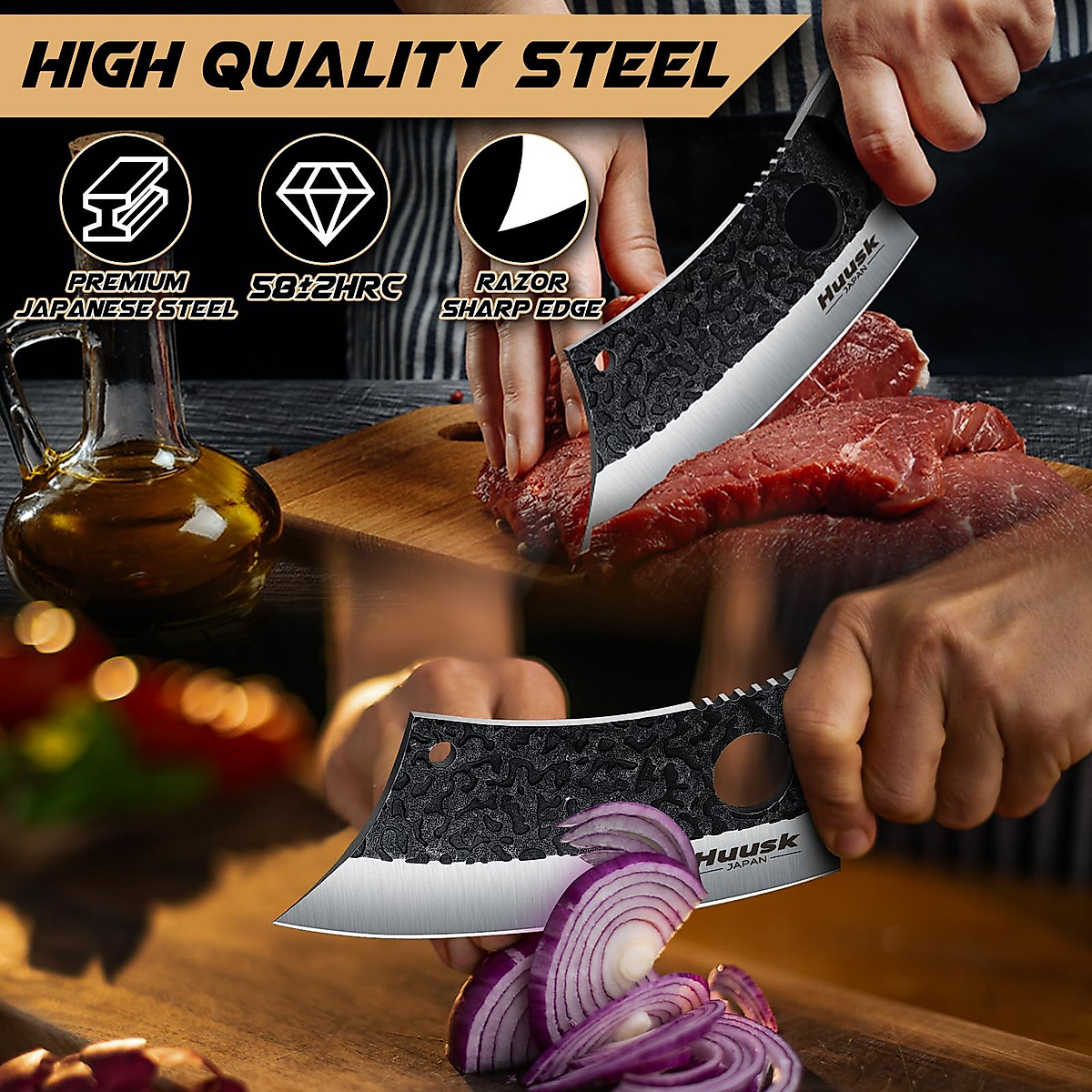 Huusk Knives Japan, Hand Forged Meat Cleaver Knife with Sheath, High Carbon Steel Kitchen Knife for Meat and Vegetables, Full Tang Butcher Knife for Camping, BBQ, Gift for Men Women