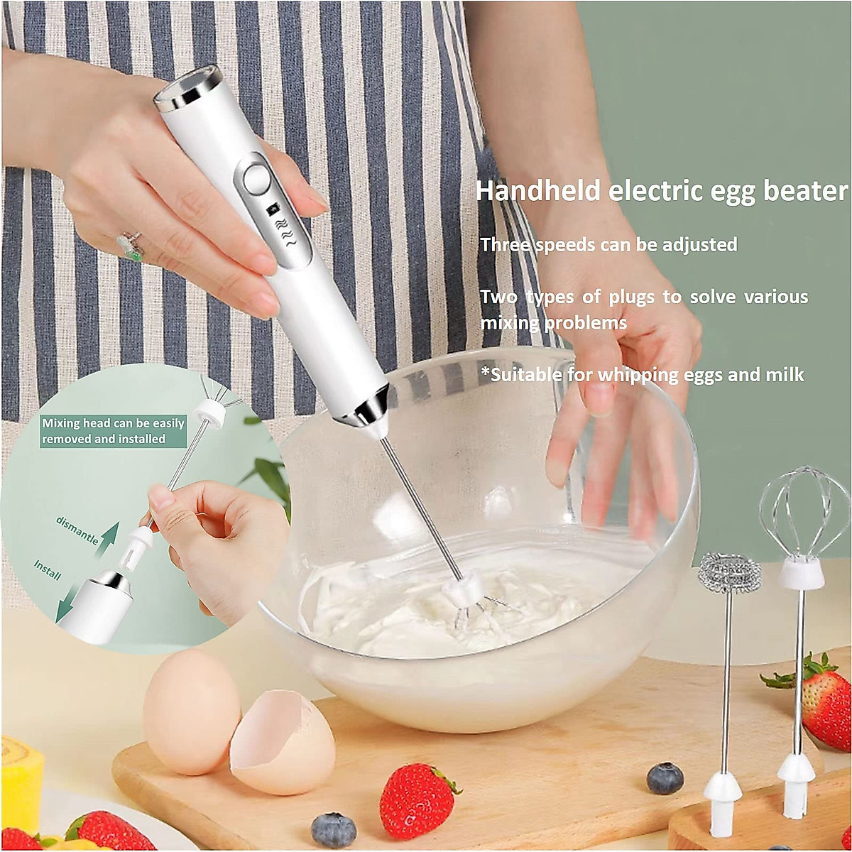JrundMsoxz Rechargeable Milk Frother, 3-Speed Electric Handheld Frother for Coffee with 2 Whisks and Coffee Decoration Tool, Coffee Frother Mixer, Stand-up Design, for Cream, Latte, Cappuccino (White)