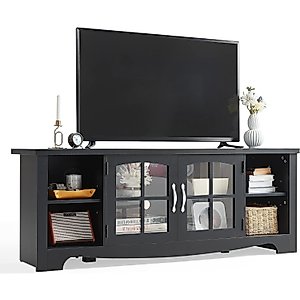 LINSY HOME Farmhouse TV Stand for 65 Inch TV, Wood Entertainment Center with Glass Door Storage Cabinet & Adjustable Shelves, Sturdy TV Console Table for Living Room Bedroom, Black