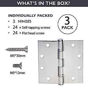 3-Pack Heavy Duty Commercial Door Hinge with Silent Steel Plain Bearing, 4.5 inch X 4.5 inch, Thickness 3 mm Stainless Steel，Super Bearing Capacity
