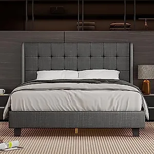 Nathaniel Home Bed Frame King Size Platform Bed, Tufted Upholstered Bed with Square Stitched Headboard, King Bed Frame with Wingback, Strong Wooden Slats, Easy Assembly…