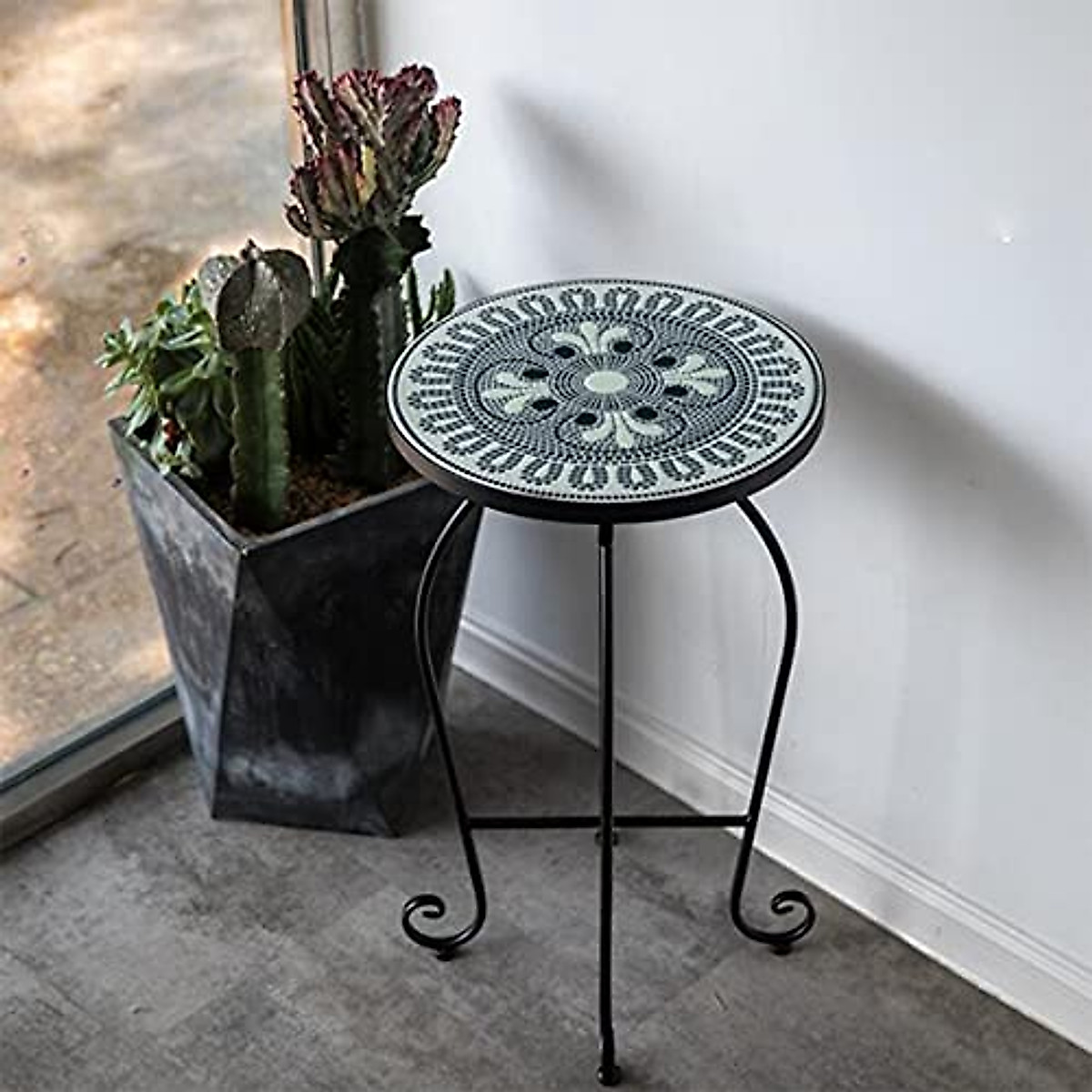 XIAOLIN Mosaic Table Outdoor Balcony Patio Furniture，Garden Side Table, Round Plant Table - Easy to Assemble(Color:02)