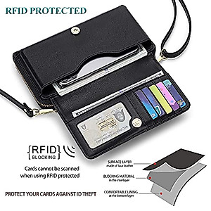 Peacocktion Women Wallet Purse Credit Card Holder with RFID, Large Capacity Crossbody Wristlet Clutch 2 Straps, Black