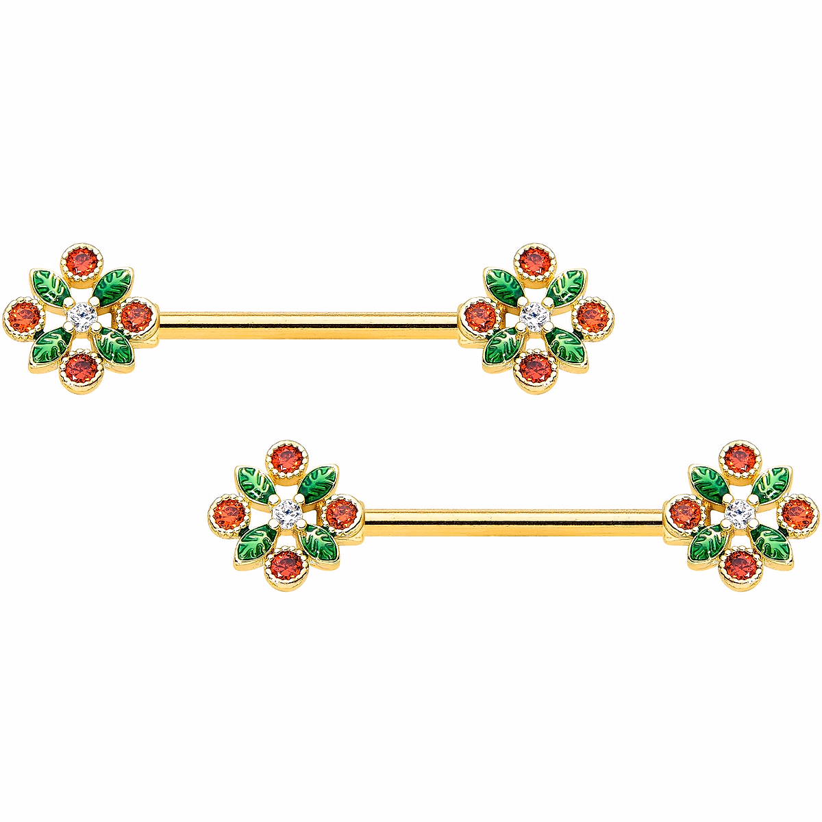 Body Candy 14G Womens Nipplerings Piercing PVD Steel 2Pc Red Accent Green Crest Nipple Ring Set 5/8"