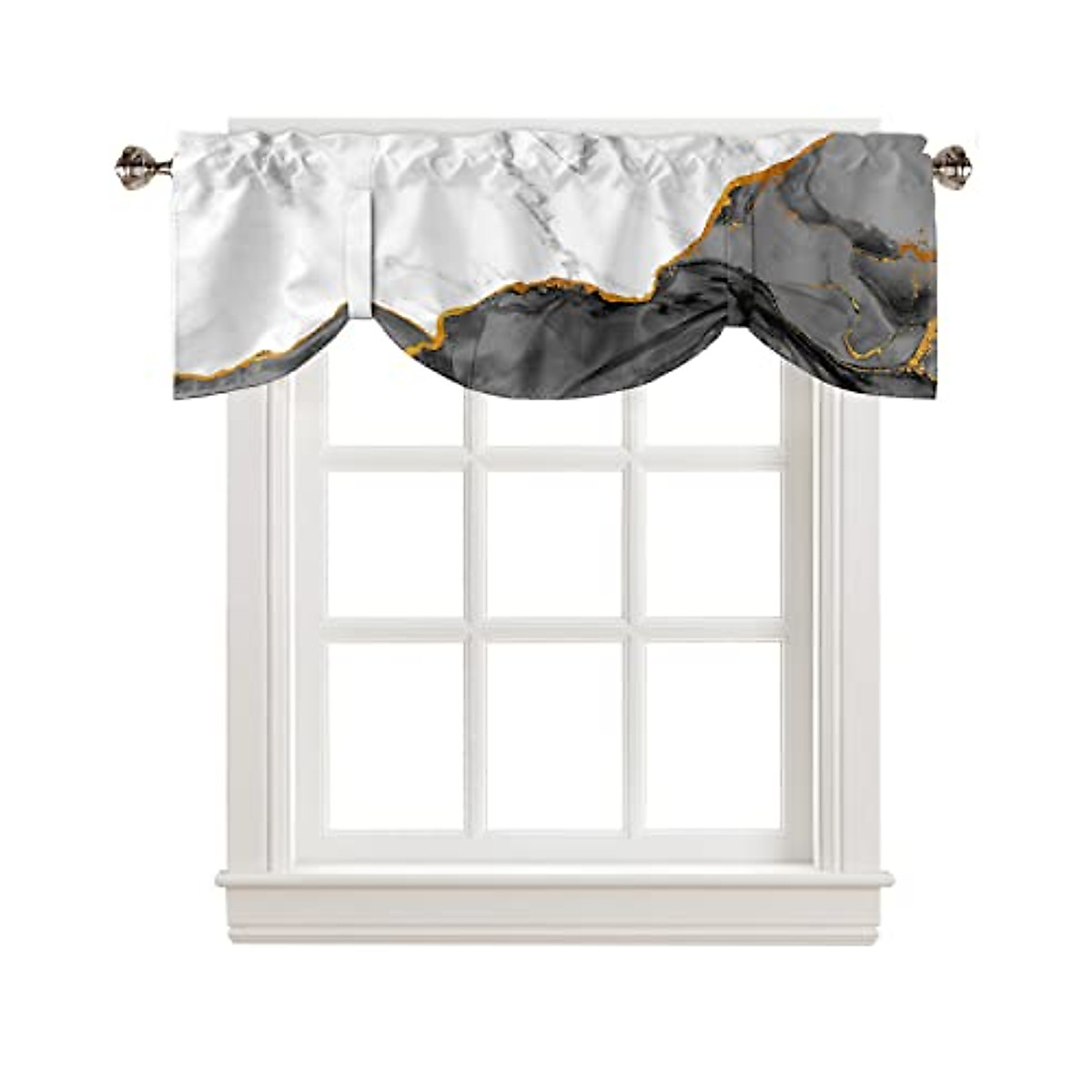 White Black Marble Tie Up Valance for Kitchen Windows, Adjustable Window Valance Kitchen Curtains Window Topper Short Curtain for Living Room, Abstract Gold Liquid Modern Art Rod Pocket Drape 42"x12"