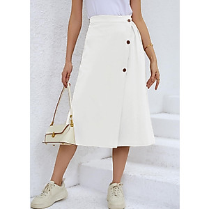 CHARTOU Women's Summer Linen Elastic Back Buttoned Swing Midi A Line Skirt (Large,White)